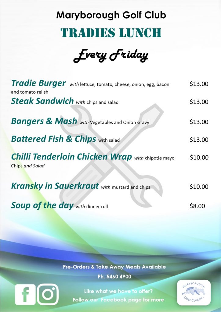 fridays-tradie-lunch-menu - Maryborough Golf Club Lawn Bowls & Bistro