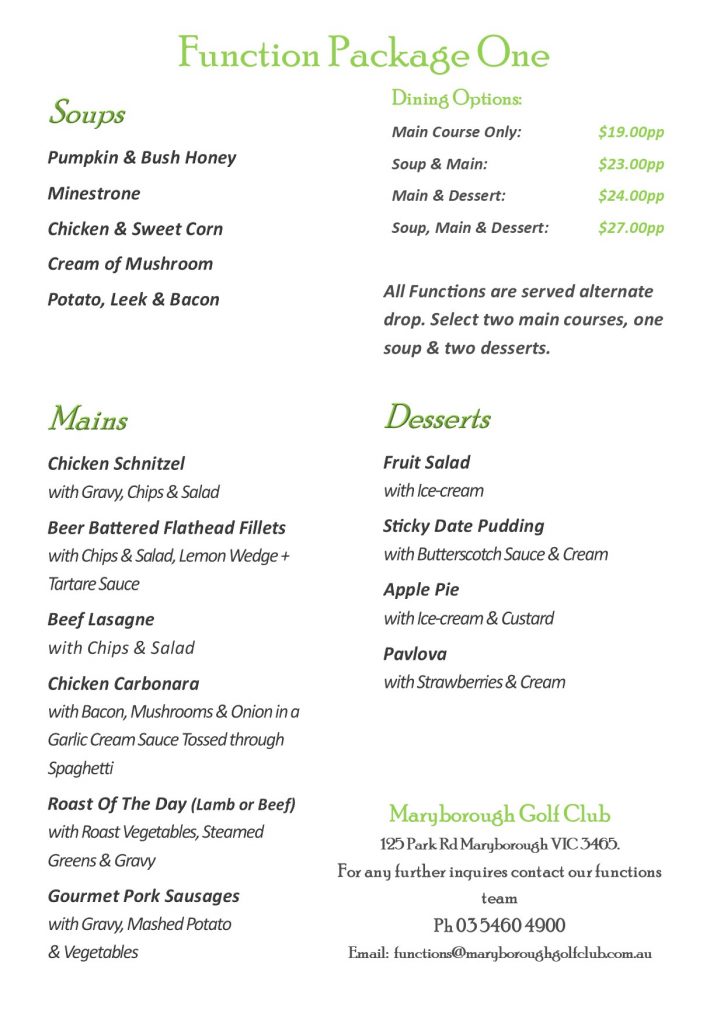 function-packages - Maryborough Golf Club Lawn Bowls & Bistro